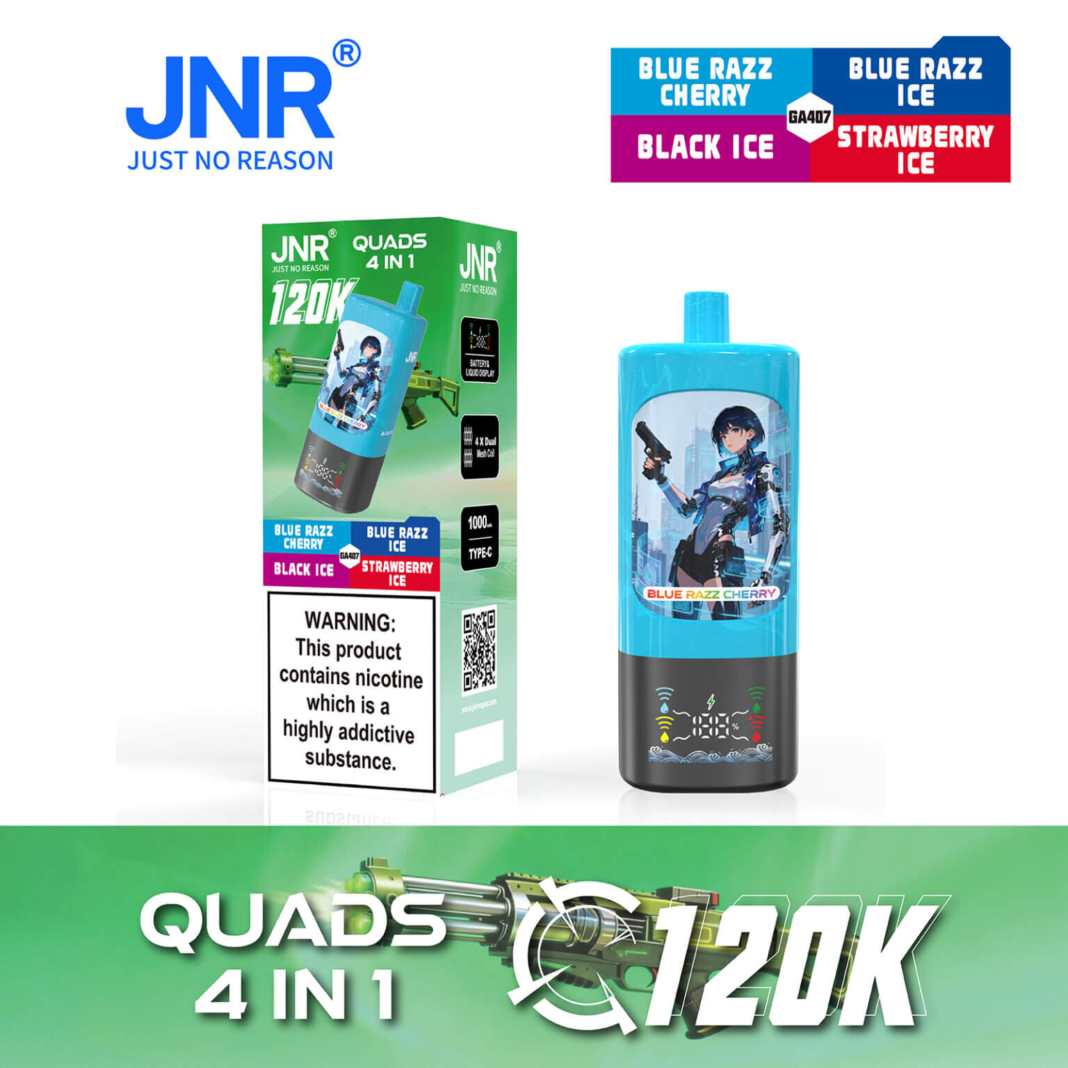 JNR Quads 4 In 1 120K Puffs Disposable Vape – 4 Flavors in 1 Device ...